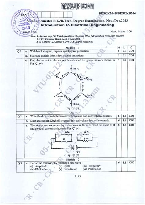 Make Up Vtu Question Paper Of Besck 204b Introduction To Electrical Engineering Nov Dec 2023