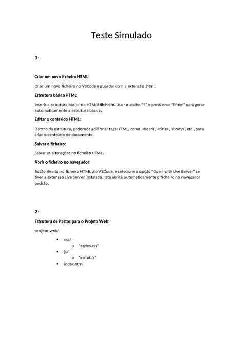 Teste Simulado Desenvolvimento Web Teste Simulado 1 Criar Um Novo Ficheiro Html Criar Um
