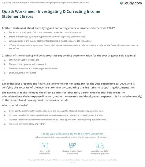 Quiz And Worksheet Investigating And Correcting Income Statement Errors