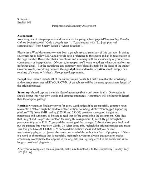 Paraphrase And Summary Assignment S Snyder English 101 Paraphrase And Summary Assignment