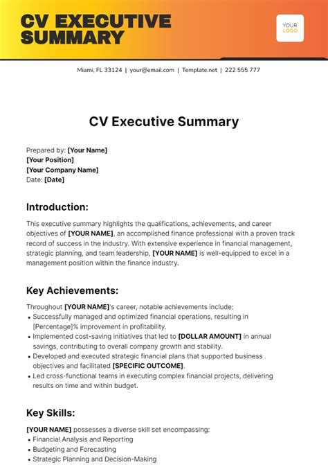 Free Cv Executive Summary Template To Edit Online
