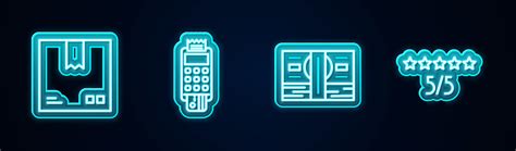 교통 기호 Pos 터미널 신용 카드 스택 종이 돈 현금 및 소비자 또는 고객 제품 등급세트 라인 골판지 상자 빛나는 네온 아이콘 벡터 5에 대한 스톡 벡터 아트 및 기타