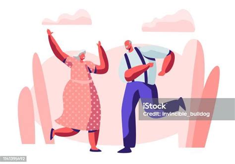 시 니 어 부부 커플과 함께 춤을 노인 들 활동적인 라이프 스타일 노인과 여자 사랑 또는 우호 관계에서 함께 시간을 보내고 극단적 인 여가 만화 평면 벡터 일러스트 노인에
