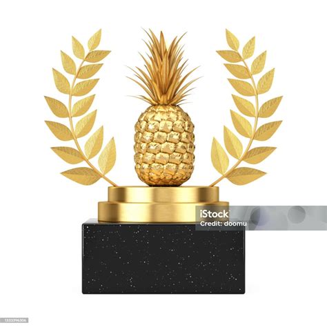 골든 프레시 익은 열대 건강 영양 파인애플 과일과 함께 수상자 큐브 골드 로렐 화환 연단 무대 또는 받침대 3d 렌더링 받침대에 대한 스톡 사진 및 기타 이미지 Istock