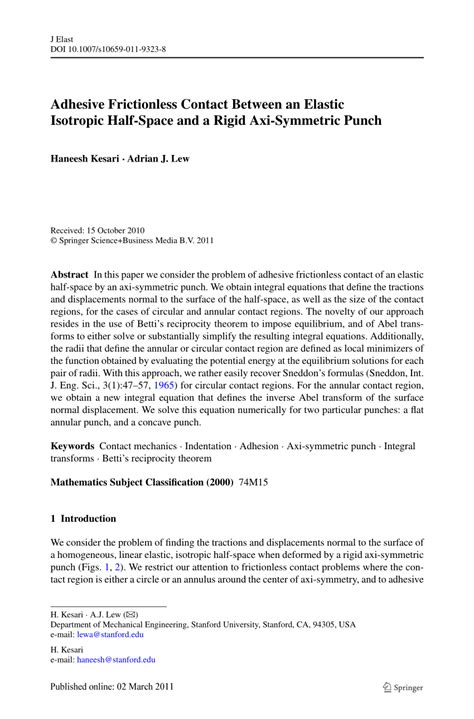 Pdf Adhesive Frictionless Contact Between An Elastic Isotropic Half Space And A Rigid