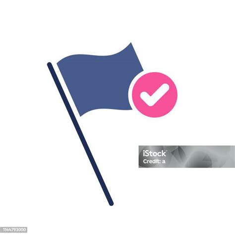 확인 기호가 있는 플래그 아이콘입니다 위치 표식 기 아이콘 및 승인 확인 완료 눈금 완료 기호 0명에 대한 스톡 벡터 아트 및