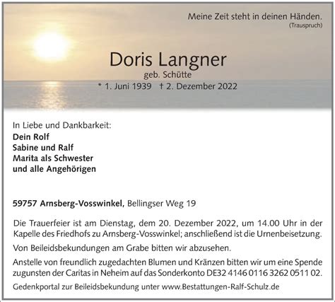 Traueranzeigen Von Doris Langner Trauer In Nrwde