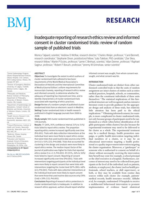 Pdf Inadequate Reporting Of Research Ethics Review And Informed Consent In Cluster Randomised