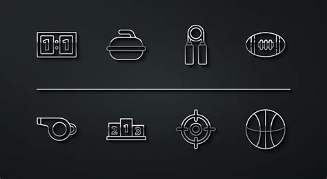 세트 라인 스포츠 기계식 스코어 보드 휘파람 미식 축구 공 대상 스포츠 스포츠 우승자 연단 컬링 게임 농구 및 확장기 아이콘을위한 돌 상 벡터 검은색에 대한 스톡 벡터 아트