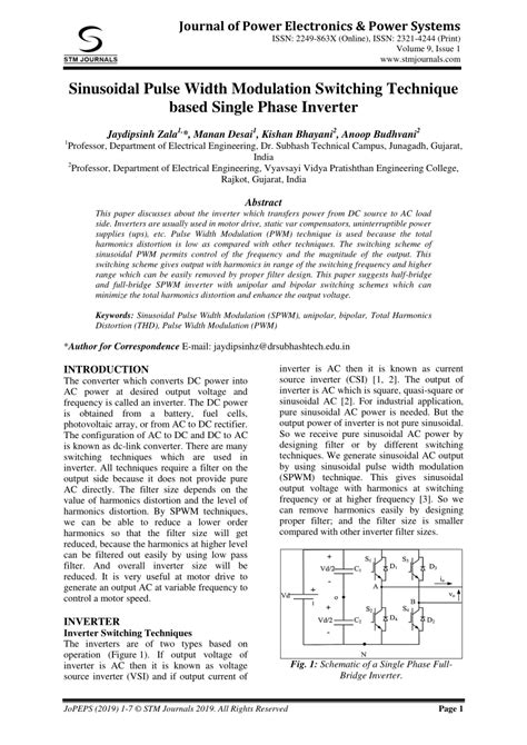 Pdf Journal Of Power Electronics And Power Systems Sinusoidal Pulse Width Modulation Switching