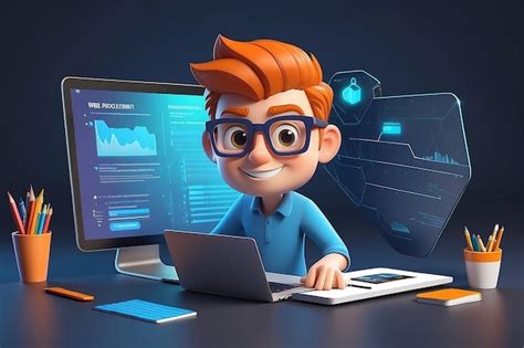 3d Cartoon Character Developer Working On Laptop For Web App Development And Frontend Deployment