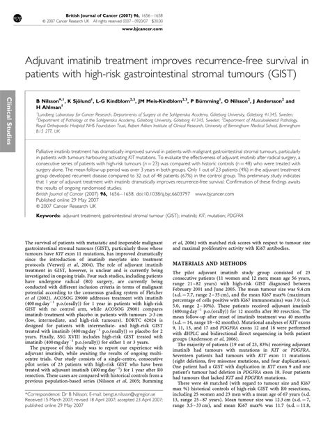 Pdf Adjuvant Imatinib Treatment Improves Recurrence Free Survival In Patients With High Risk
