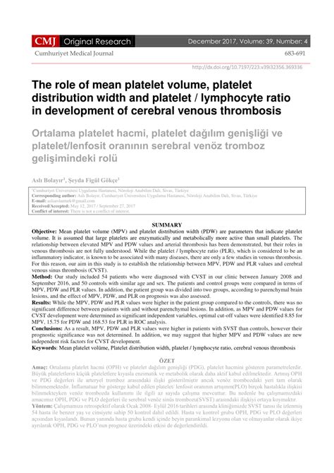 Pdf The Role Of Mean Platelet Volume Platelet Distribution Width And Platelet Lymphocyte