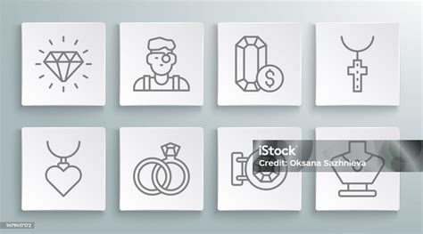 하트 모양의 펜던트 보석상 남자 결혼 반지 보석 가게 마네킹 온라인 쇼핑 기독교 크로스 체인 및 다이아몬드 아이콘이 있는 세트 라인 목걸이 벡터 3월에 대한 스톡 벡터 아트