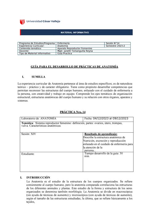 Guía de anatomia sesión sistema urinario Programa de Estudios Programa Enfermería Sesión N