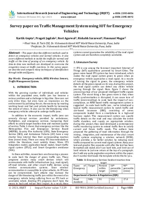 Pdf Irjet Survey Paper On Traffic Management System Using Iot For