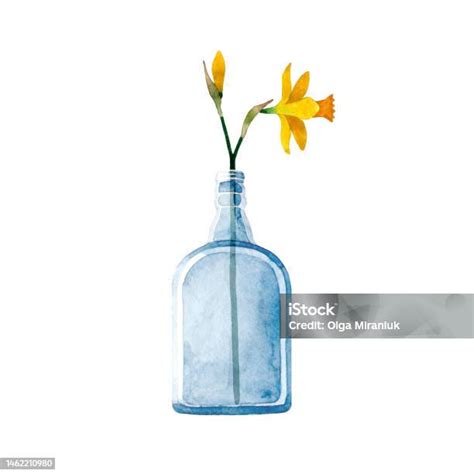 노란색 수선화 꽃이 있는 유리병의 손으로 그린 수채화 그림 아늑한 가정 장식 아이템 봄 꽃입니다 흰색 배경에 격리된 개체 개체 그룹에 대한 스톡 벡터 아트 및 기타 이미지