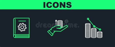 Set Line Pie Chart Infographic And Coin User Manual And Money On Hand Icon Vector Stock Vector