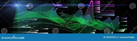 Abstract Background Waving Wireframe Grid From Color Spheres And Lines On Spot Technology