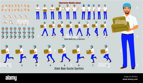 Courier Person Character Model Sheet With Walk Cycle And Run Cycle Animation Sequence Stock