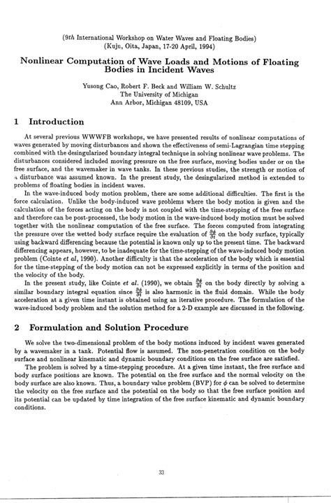 Pdf Nonlinear Computation Of Wave Loads And Motions Of Floating Bodies In Incident Waves