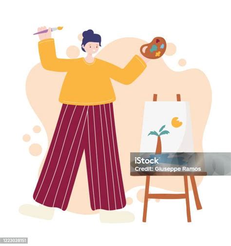 사람 활동 팔레트 색상을 들고 캔버스에 열대 장면을 그리는 여성 예술가 가정 생활에 대한 스톡 벡터 아트 및 기타 이미지 가정 생활 공예 그림 그리기 Istock