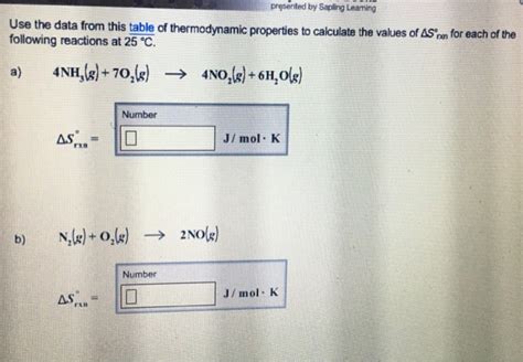 solved use the data from this table of thermodynamic