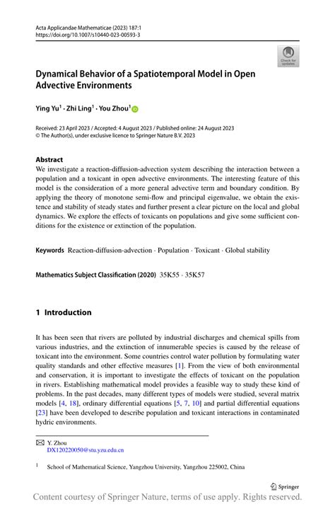 Dynamical Behavior Of A Spatiotemporal Model In Open Advective Environments