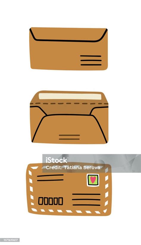 손으로 그린 공예 종이 편지 봉투는 흰색으로 분리되어 있습니다 세 가지 낙서 스타일 우편 봉투 세트 열린 편지 닫힌 봉투 및 주소 필드와 우표가 있는 뒷면 갈색에 대한 스톡