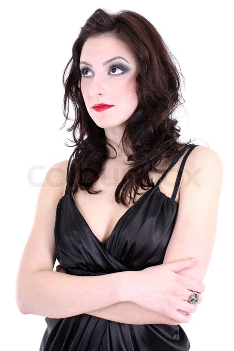 Portræt Af En Brunette Med Røde Læber Og Røget øjne I Sort Kjole