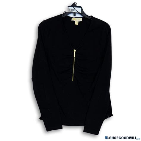Michael Kors Womens Black Long Sleeve V Neck Ruched Pullover Blouse Top