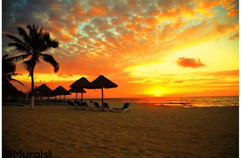 Sunset Scene Tropical Beach Resort Wall Mural