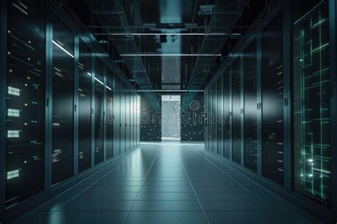 Data Center With Endless Rows Of Server Racks And Blinking Lights Stock Illustration