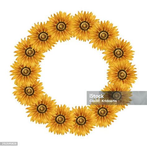 수채화 해바라기 화환입니다 노란색 꽃이 있는 둥근 프레임입니다 여름 꽃 구성 가을의 꽃꽂이 손으로 그린 식물 그림입니다 엽서 초대장 로고를 위한 디자인 요소 가을에 대한