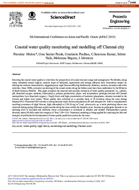 Pdf Coastal Water Quality Monitoring And Modelling Off Chennai City