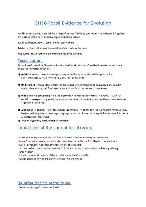 Ch16 Fossil Evidence For Evolution Ch16 Fossil Evidence For Evolution Fossil Any Preserved