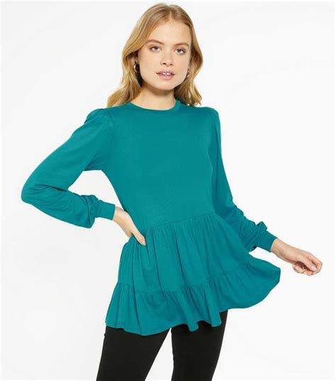 Teal Long Sleeve Tiered Peplum Top New Look