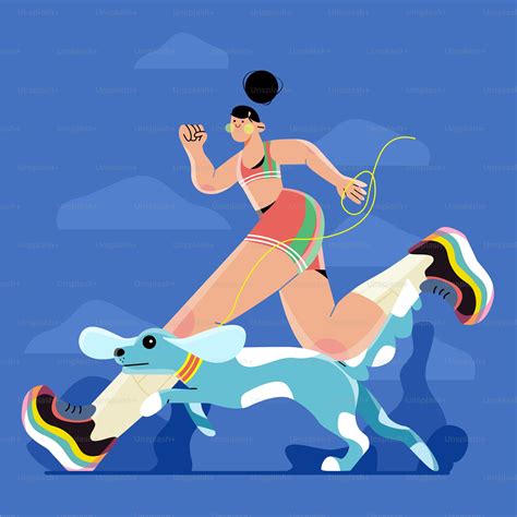 수영복을 입은 여성이 개 옆에서 달리고 있다 벡터 Unsplash의 운동화 이미지