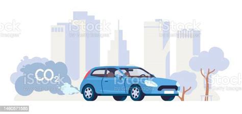 유해한 자동차 배기 가스 자동차 대기 오염 Co2를 생산하는 차량 도시 경관 가솔린 연소 스모그 생태 오염 운송에 의한 가스 배출 벡터 개념 가솔린에 대한 스톡 벡터 아트
