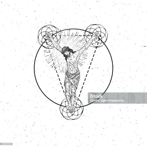 신성한 형상 크로스 삼각형 및 원형 만다라에 공간에서 예수 그리스도 십자가 바디 문신 플래시 기독교 기도 하 고 종교의 상징입니다 개념 영혼과 신성한 거룩한 스타 공간에서