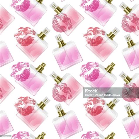 향수 병의 인쇄와 함께 완벽 한 끝 없는 패턴과 만화 스타일의 키스 인쇄는 배경 화면 포장지 결혼 카드에 대 한 식품 산업에서 사용할 수 있습니다 벡터 Eps 10 일러스트