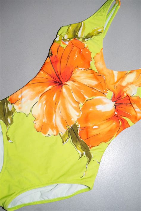 Neon Green Floral Swimsuit One Piece Orange Flower Bathing Suit 90s