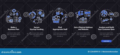 Startup Launch Steps Dark Onboarding Mobile App Page Screen Stock