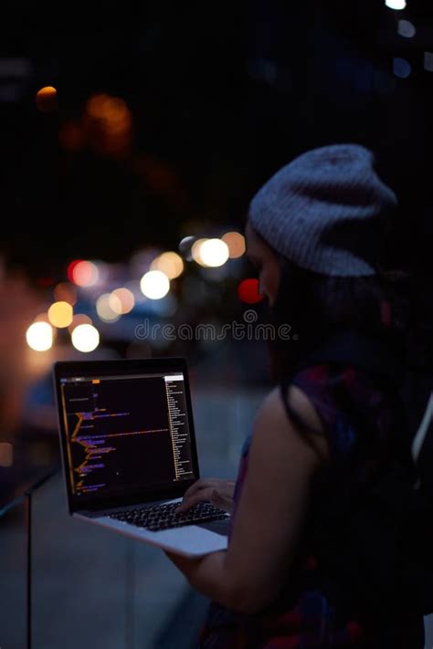 Hacker Code And Night With Woman And Laptop Screen For Ransomware