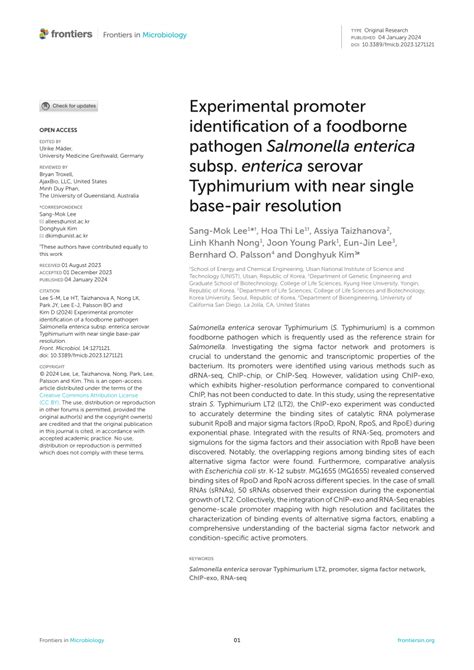 Pdf Experimental Promoter Identification Of A Foodborne Pathogen Salmonella Enterica Subsp