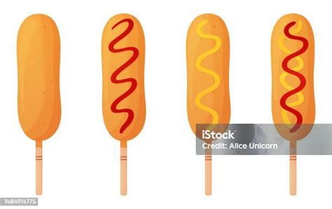 옥수수 개 세트입니다 조미료가 있거나없는 막대기에 반죽에 소시지 패스트푸드 개념입니다 미국 또는 한국 길거리 음식 상세한 평면 그림 흰색 배경에 격리되어 있습니다 가공육에