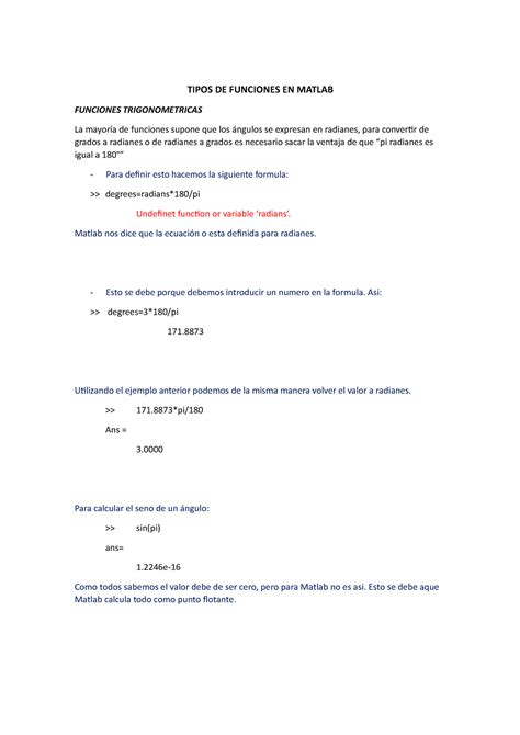 Tipos DE Funciones EN Matlab TIPOS DE FUNCIONES EN MATLAB FUNCIONES TRIGONOMETRICAS La mayoría