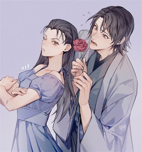 Safebooru 1boy 1girl Black Hair Commentary Request Crossed Arms Dress
