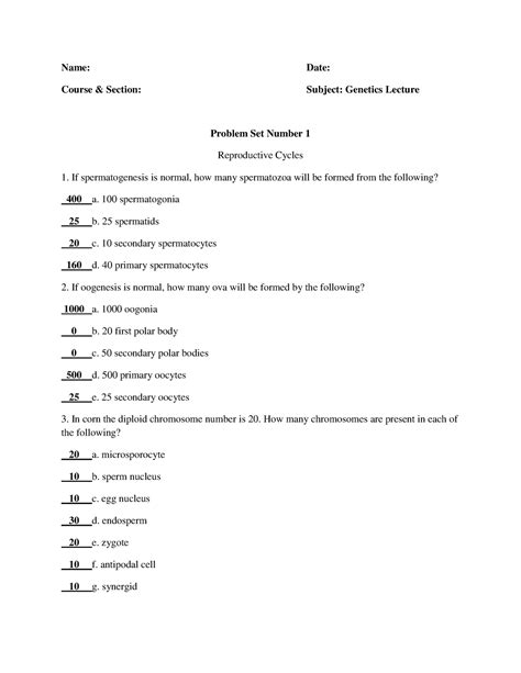 Genetics Problem Set Name Date Course Section Subject Genetics Lecture Problem Set
