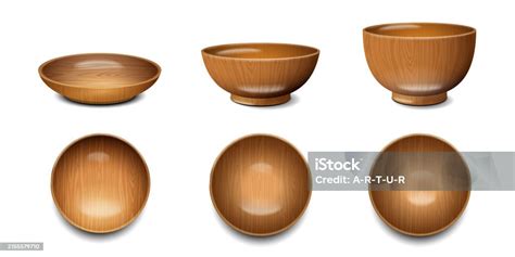 나무 둥근 음식 그릇 접시 현실적인 3d 벡터 일러스트 세트 목재 재료에 대한 스톡 벡터 아트 및 기타 이미지 목재 재료 보울 3차원 형태 Istock